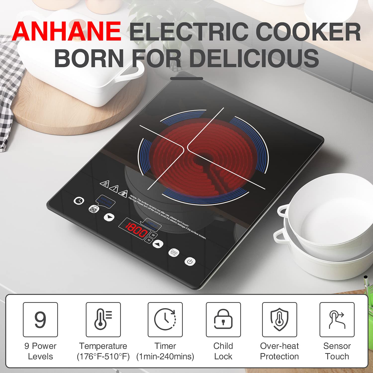 Electric Cooktop 30 Inch 4 Burner Built-in Electric Stove Top, 220V 7200W Electric Ceramic Cooktop, 9 Heating Levels, Timer & Kid Safety Lock, Suitable for all Cookware, without Plug