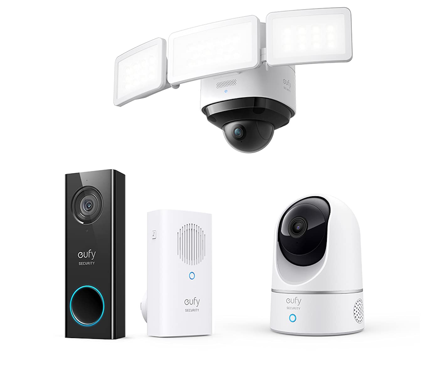 eufy Security Floodlight Cam 2 Pro, 360-Degree Pan and Tilt Coverage & 2K Resolution Wired Video doorbell Camera & 2K Pan and Tilt Security Indoor Camera