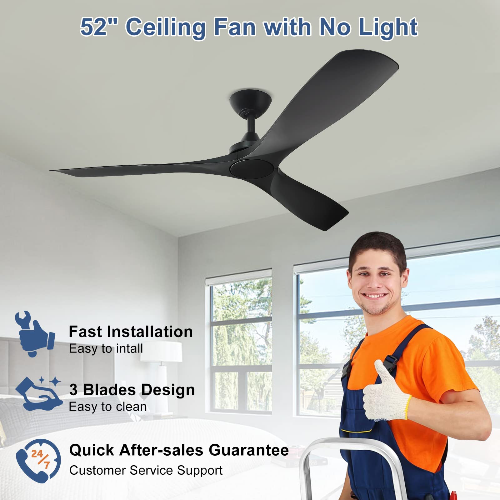 DIGLED 60 Inch Ceiling Fan No Light, Walnut Rustic Ceiling Fan without Light with 3 Blades Noiseless Reversible Motor for Indoor Living Room, Kitchen, Farmhouse, Outdoor Covered Potios, No Light