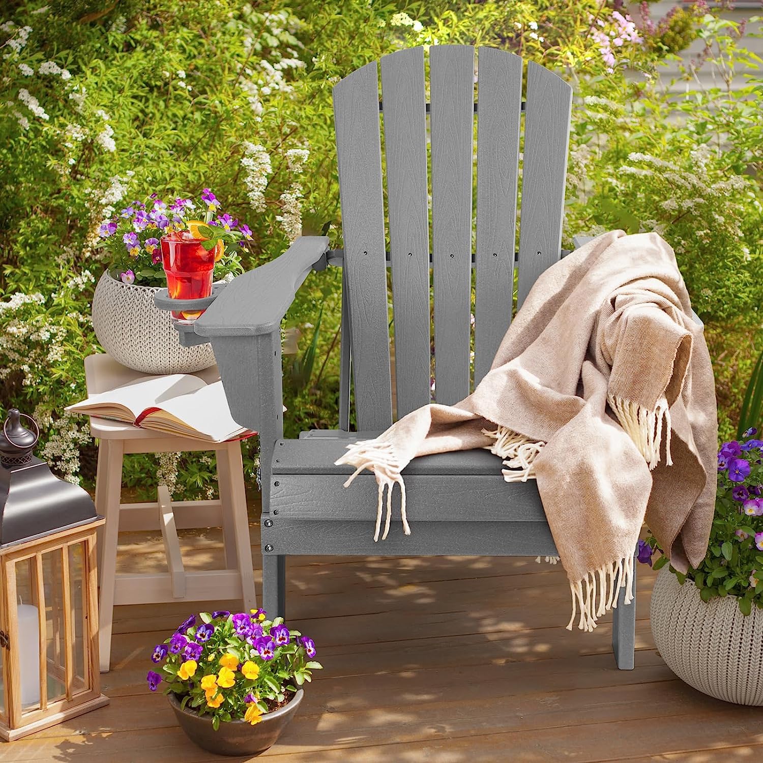OLYMSOLD Folding Adirondack Chair Set of 2, Plastic Adirondack Chairs Wood Texture, Fire Pit Chairs for Outside, Weather Resistant Composite Adirondack Chair with Cup Holder