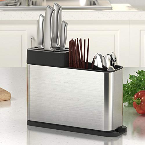 FZZDP Kitchen Utensil Holder Knife Block with Drainboard, Utensil Caddy for Knives, Forks, Spoons, Stainless Steel, Silver