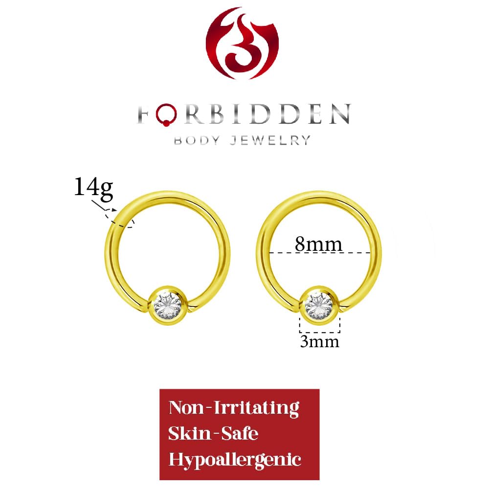 Forbidden Body Jewelry Pair 16g 8mm Rose Gold Tone Surgical Steel Aurora Borealis CZ Captive Bead Piercing Hoops, 3mm Balls
