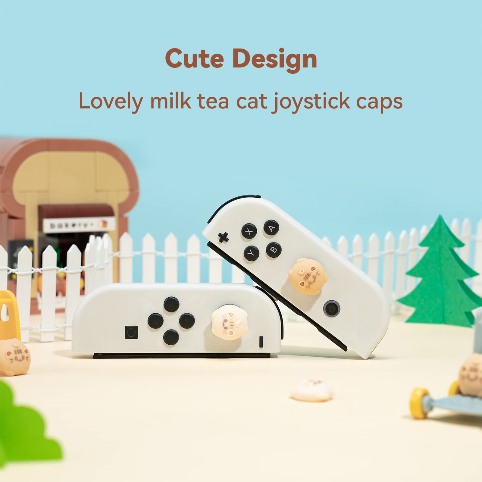GeekShare Cute Silicone Joycon Thumb Grip Caps, Joystick Cover Compatible with Nintendo Switch/OLED/Switch Lite,4PCS - Milk Tea Cat