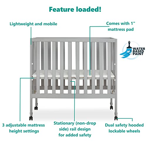 Dream On Me Jett Non-Full Sze Foldng CRB n Pebble Grey Removeable Wheels Adjustable Mattress Support Patent Foldng System 1" Mattress Pad ncluded