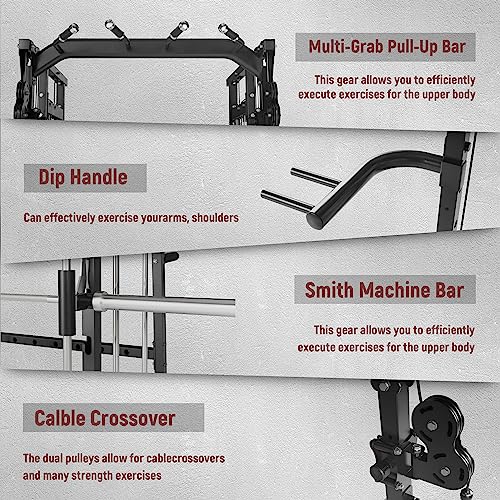 MAJOR LUTIE Smith Machine with Weight Bench, SML07 1600lbs Power Cage with Weight Bar and Two LAT Pull-Down Systems and Cable Crossover Machine, Exercise Machine Attachment Black (2023 Upgrade)