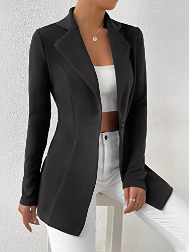 MakeMeChic Women's Button Front Lapel Collar Long Sleeve Blazer Jackets Coat Regular Black A L