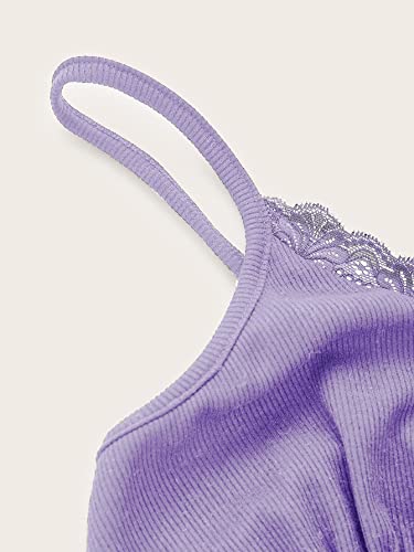 MakeMeChic Women's Y2K Lace Trim V Neck Sleeveless Cami Crop Top Camisole Lilac Purple XS