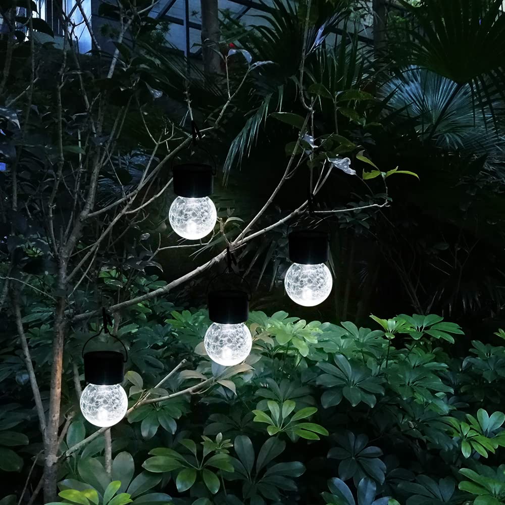 Enee ELee 12 Pack Hanging Solar Lights Outdoor Cracked Glass Ball Light Solar Powered Waterproof Outside Globe Lighting with Clips for Garden Yard Patio Trees Fence Decorations(Cool White)