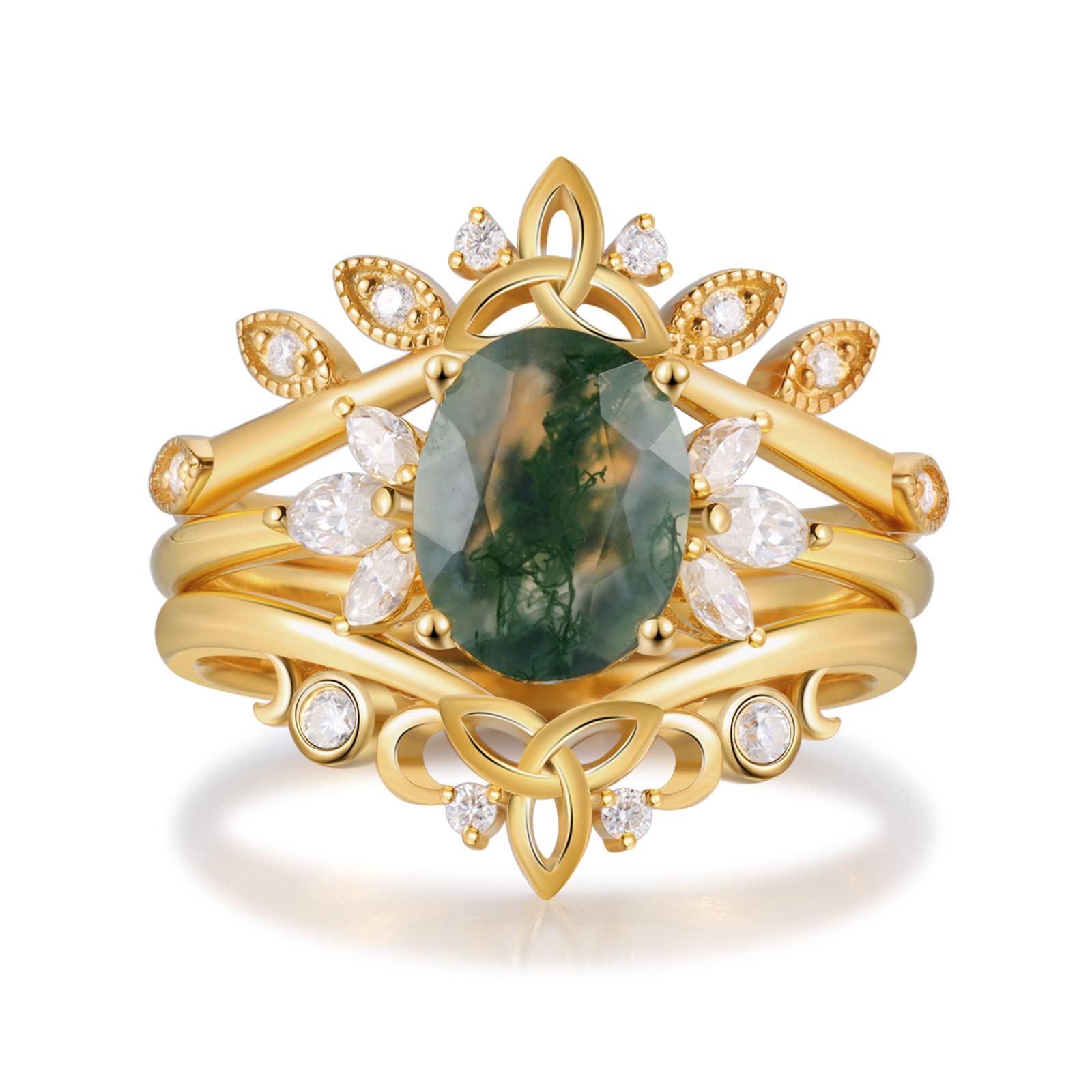 GEME Oval Moss Agate Women's Engagement Ring, 925 Silver Black Rutilated Quartz Promise Rings 18K Plated Jewelry with moissanite for Her Lady Women