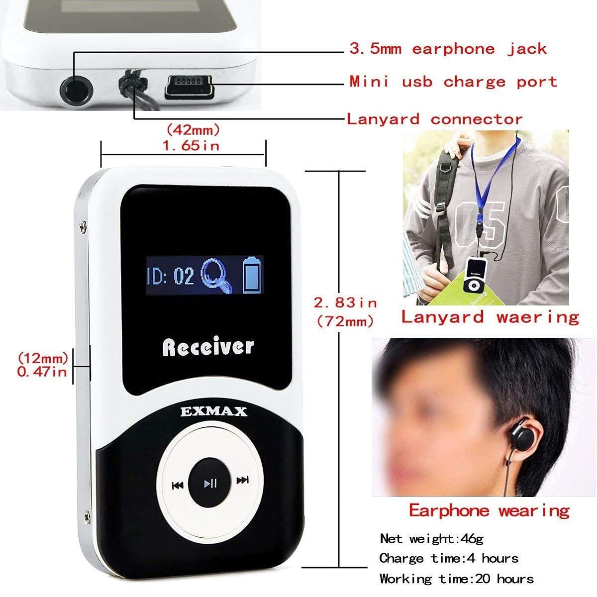 EXMAX® EX-100 Wireless Tour Guide System Microphone Earphone Audio Transmission for Church Translation Interpreting Silent Lecture Meeting City Tour (1 Transmitter 5 Receivers 16-ports Charging Base)