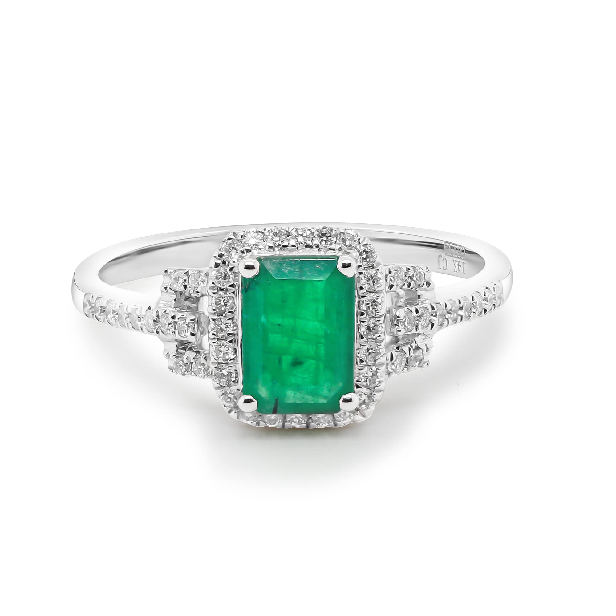Gin & Grace 14K White Gold Natural Zambian Emerald Ring with Natural Diamonds for Women Emerald Ring for Women