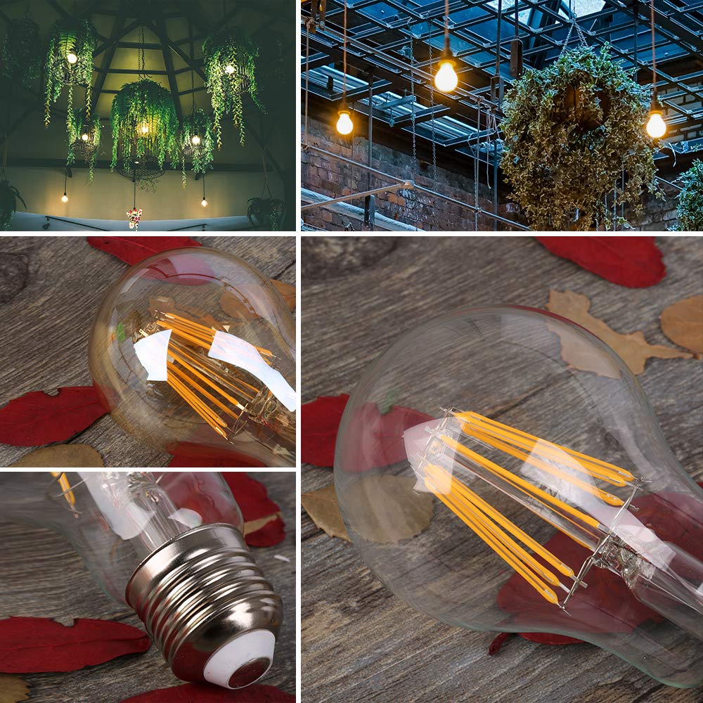 Vintage LED Edison Light Bulbs, A19 Edison Bulbs, 6W Equivalent to 60W, 2200K Warm White, Antique Dimmable LED Filament Bulb, Amber Light Bulbs, Old Fashioned Light Bulbs, E26, 6 Pack