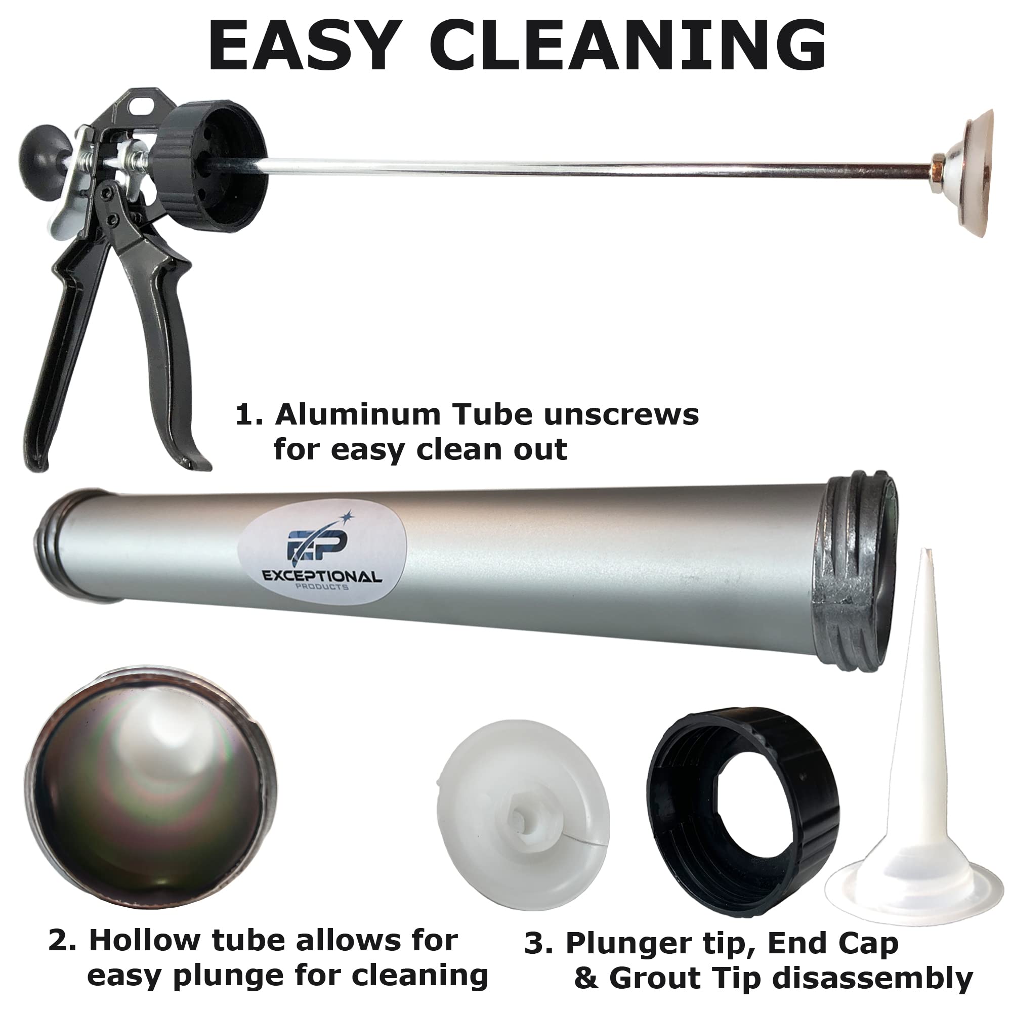 EXCEPTIONAL PRODUCTS – EP26 – MORTAR POINTING GROUTING GUN – 26oz Capacity – 12:1 Trigger Pull – Use for Brick, Stone, Cement Mortar or Grout-Includes (3) Tips, Fill Scoop & extra Plunger Tip (1)