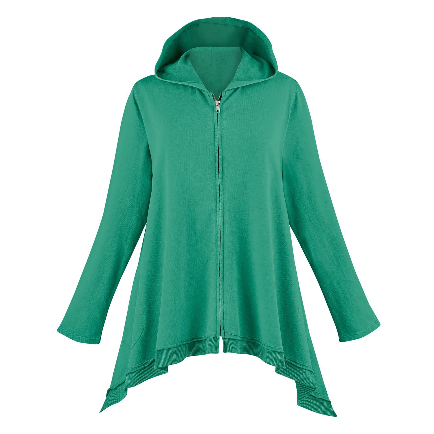 FLORIANA Womens Hooded Swing Jacket - Cotton Terry Zip Up Hoodie, Sharkbite Hem - Green, XL
