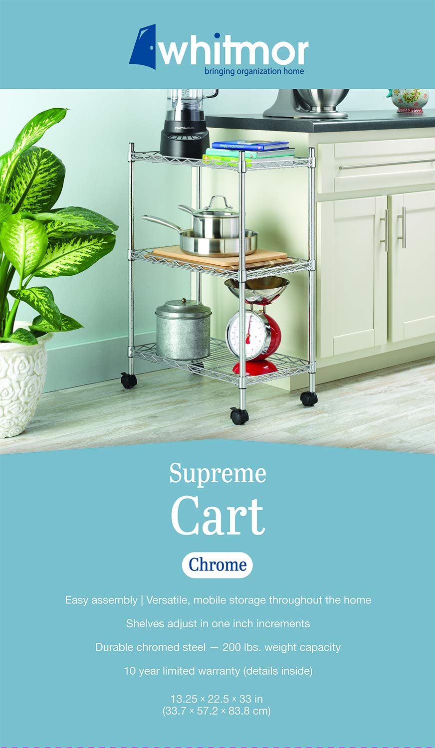 Whitmor 3 Tier Chrome Supreme Cart-Rolling Utility Organizer