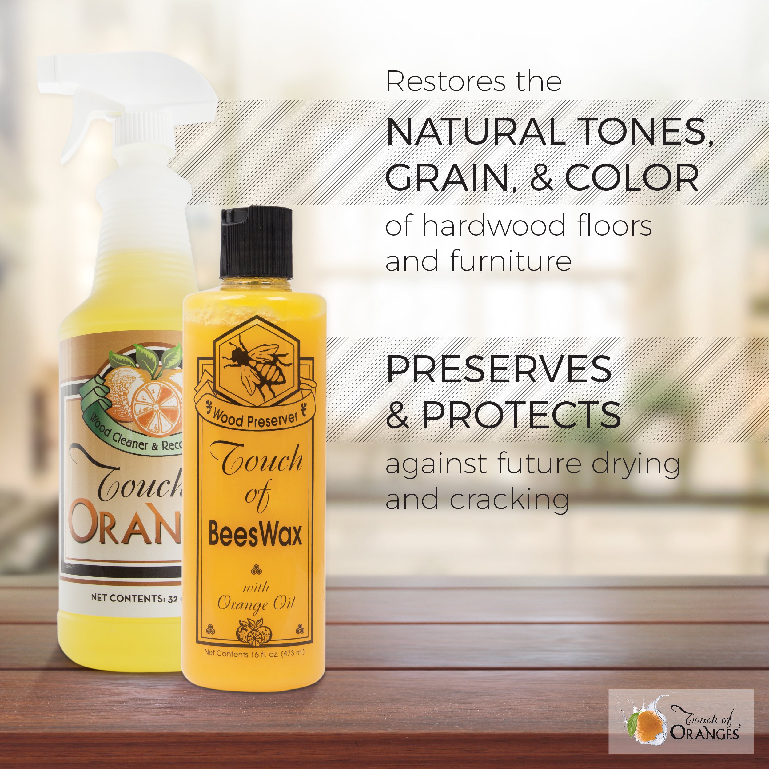 Touch of Oranges Beeswax Wood Polish Conditioner, Cleaner & Restorer Bundle Hardwood Floor Cleaner Spray Real Orange Oil - (32 & 16 oz )