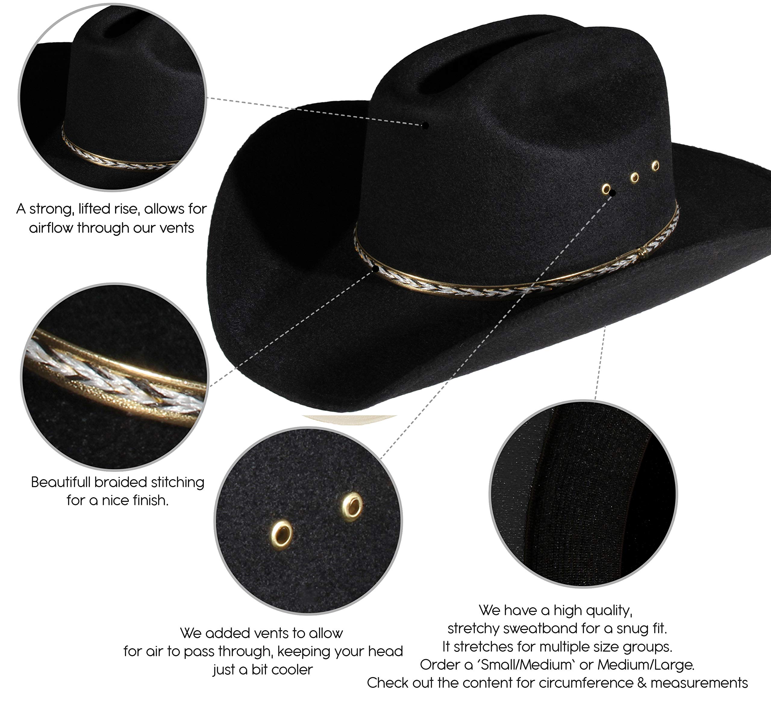 Enimay Western Cowboy & Cowgirl Hat Pinch Front Wide Brim Style (Large | X-Large, Faux Felt Black)