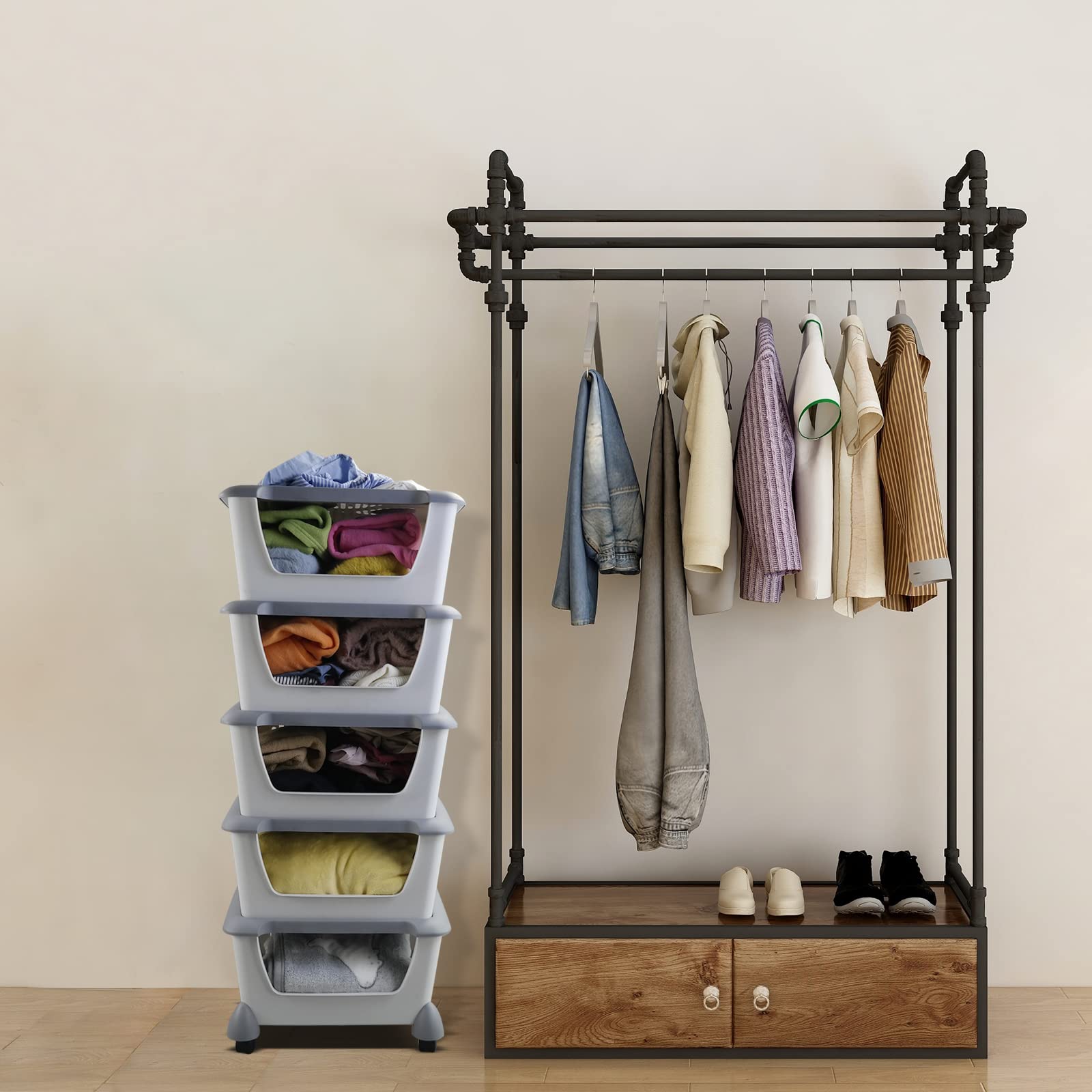 Jandson Grey Plastic Stacking Baskets, Large Stackable Storage Bins, 5 Packs