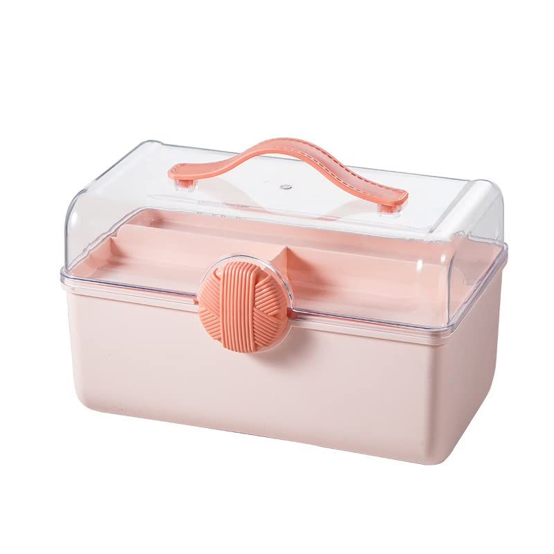 OSteed Craft Storage Organizer, Plastic Sewing Box Portable with Handle, Knob & Grid Tray for Art & Sewing Supply, Cosmetic and Medicine, Pink