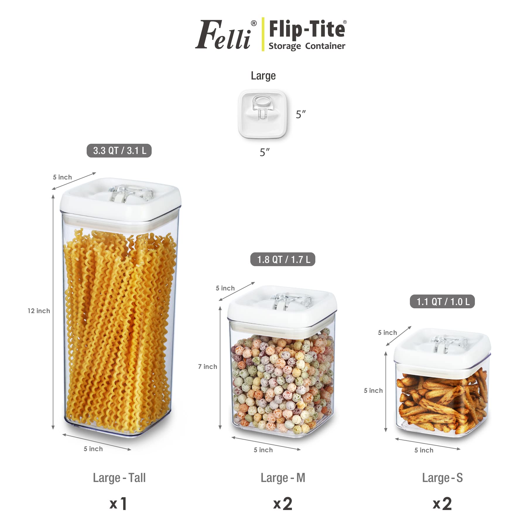 Felli Flip Tite Food Storage Container 5β LARGE 5pk Set + No Residue Label, Airtight Lid Easy Lock Top Stackable, Plastic Canister Jar for Pantry Kitchen Fridge Organizer Pasta Protein Powder Spice