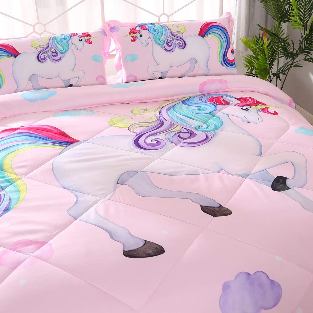 ENJOHOS Unicorn Bedding Full for Girls Lightweight Comforter Sets Rainbow Unicorn Bed Set, Pink (1Comforter&2Pillow Shams)