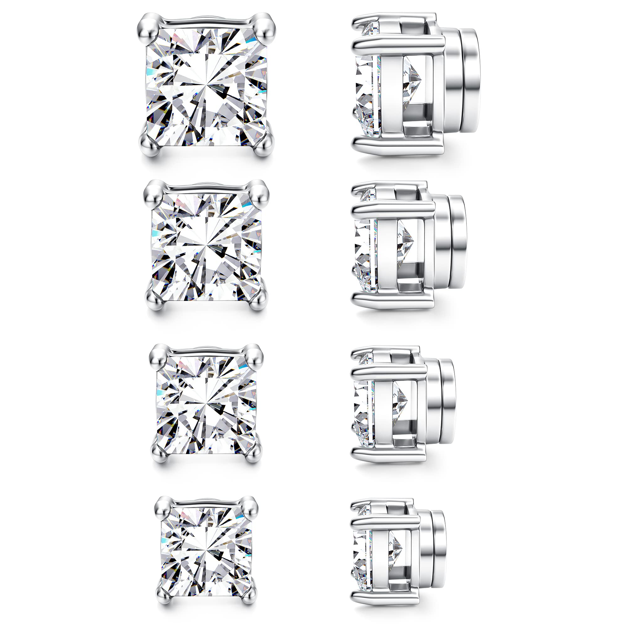 Florideco 4 Pairs Stainless Steel Mens Womens Magnetic Stud Earrings Non-piercing CZ 5-8mm SS
