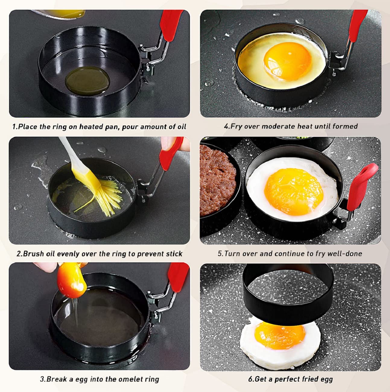 JANNO 6PCS Pancake Mold, Egg Ring, Nonstick Black Coated Metal Cooking Rings with Silicone Anti-scald Handle for Griddle, DIY Sandwich Eggs, English Muffin, Pancakes, Burger, Breakfast