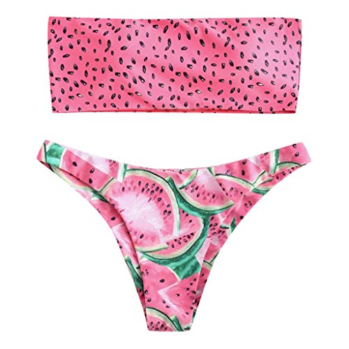 Fanteecy Women's 2 Pieces Bandeau Bikini Swimsuits Strapless Watermelon Print High Cut Bandeau Bikini Set High Waist