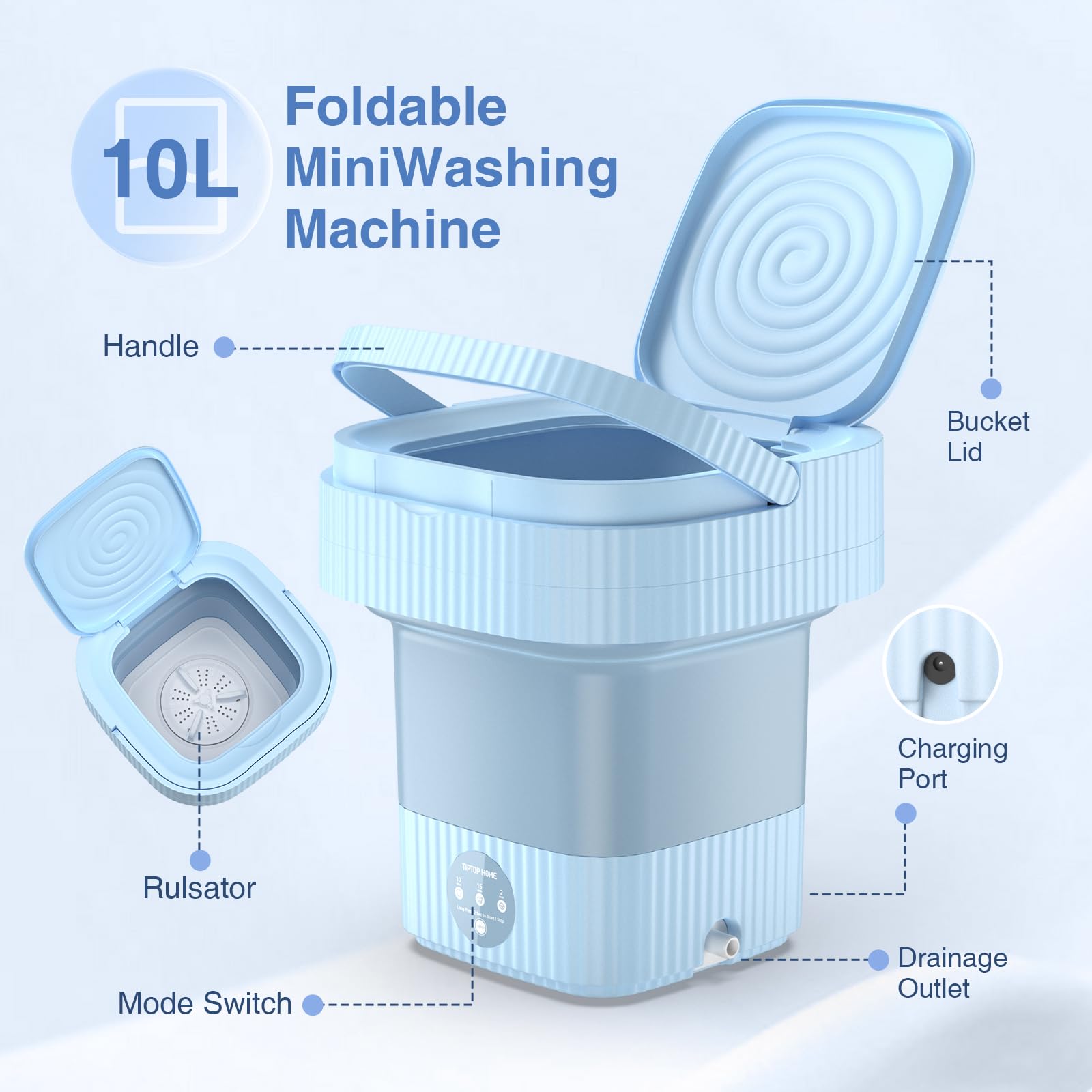 Portable Washing Machine, 10L Mini Washing Machine for Camping, 3 Modes Foldable Mini Washer Deep Cleaning Baby Clothes Underwears Socks Towels for RV Travel Dorm Apartment Laundry