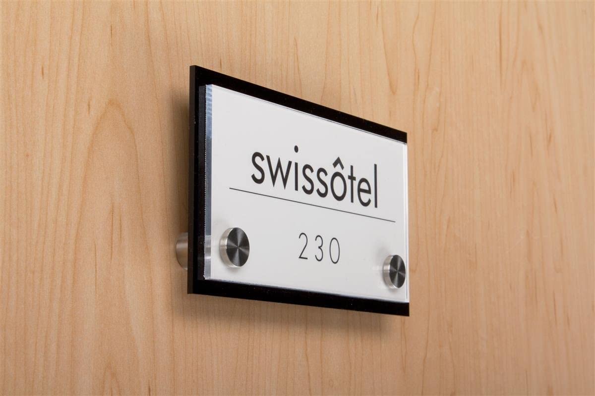 Displays2go Wall Mount Door Sign, 6x3", Stainless Standoffs, Custom Laser Printer Films (DSIGN63BK)