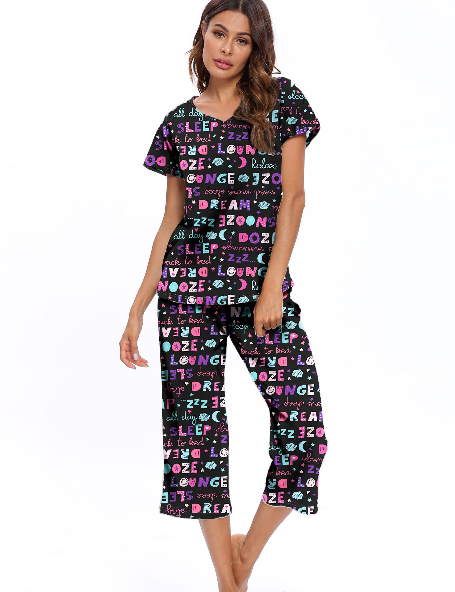 ENJOYNIGHT Women's Pajama Sets Cotton Sleepwear Tops with Capri Pants Summer Pjs (ABC, X-Large)