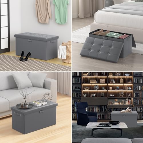 ENGPOW Storage Ottoman Bench,Fireproof Folding Storage Bench with Lock,30 Inches Fire&Water Resistant Storage Chest Foot Rest Stool Leather Bedroom Bench with Storage Safe for Document,Valuables,Grey