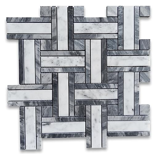 Stone Center Online Carrara White Marble 1 inch Twine Basketweave Mosaic Tile w/Bardiglio Gray Honed Kitchen Bath Wall Floor Backsplash Shower (1 Sheet)
