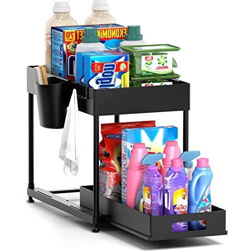 NYYTGE Under Sink Organizer Under Bathroom Cabinet Storage 2 Tier Storage Rack with 4 Hooks, Under Cabinet Organizer Baskets, Multi-purpose Under Sink Shelf Organizer for Bathroom Kitchen