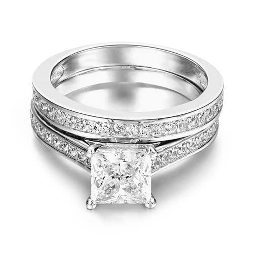 Engagement Ring for Women Princess Cut Halo Bridal Sets Moissanite Engagement Ring 18K White Gold Wedding Ring Set Free Engraving