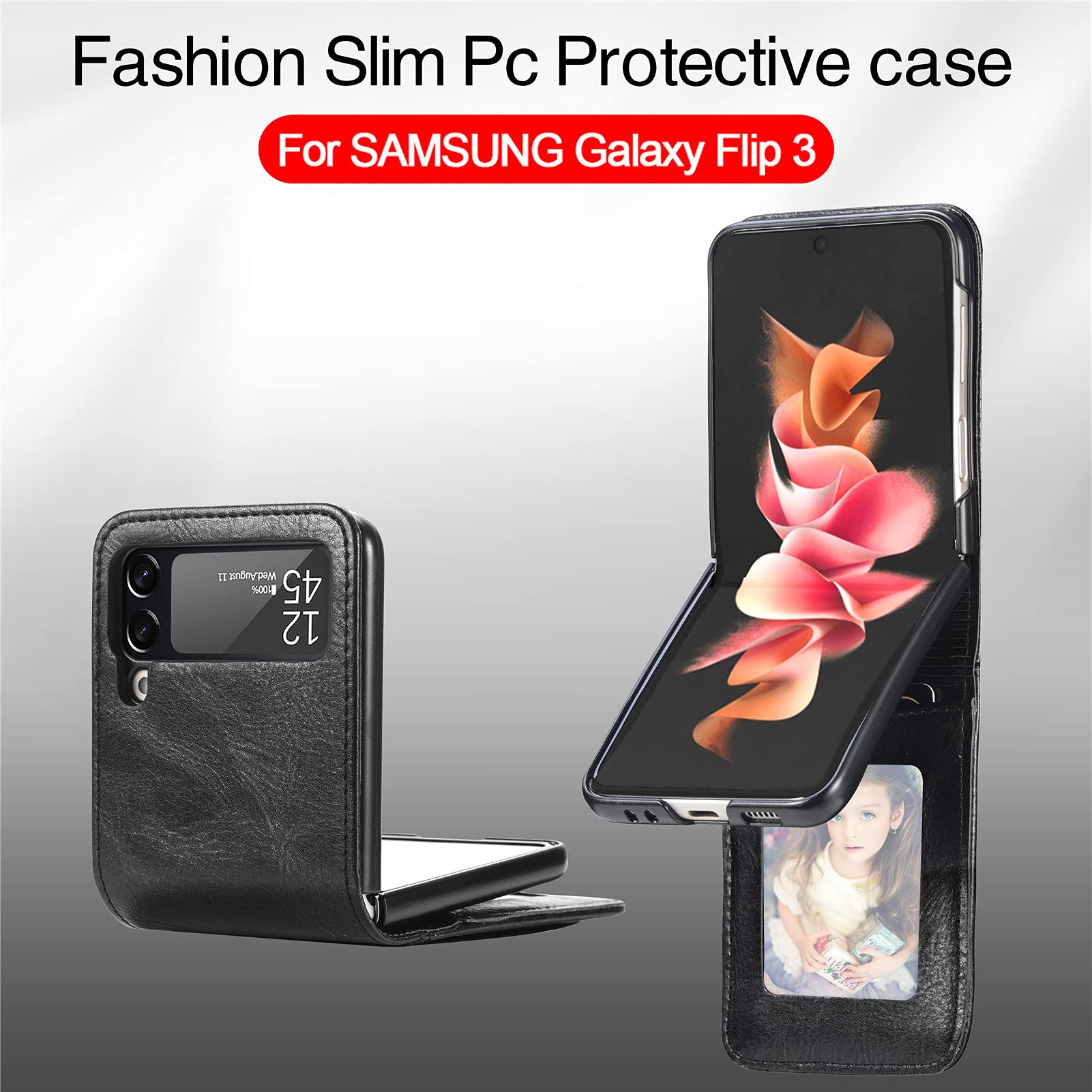 Ephoou Wallet Case for Samsung Galaxy Z Flip 3 5G with Card Holder, Premium PU Leather Phone Cover Case for Samsung Galaxy Z Flip 3 Business Black
