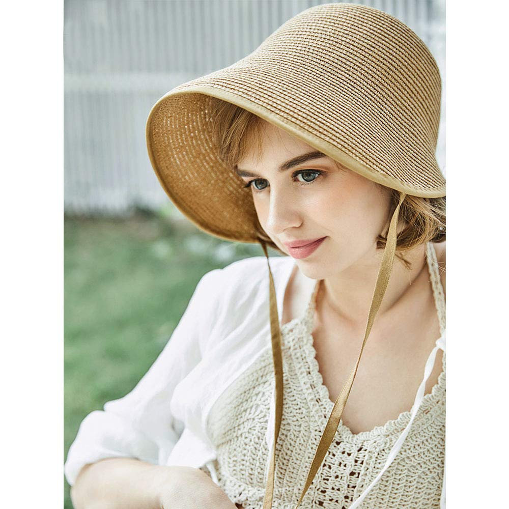 F FADVES French Straw Bonnet Cap for Women Victorian Sun Hat Chin Strap Foldable Light Khaki