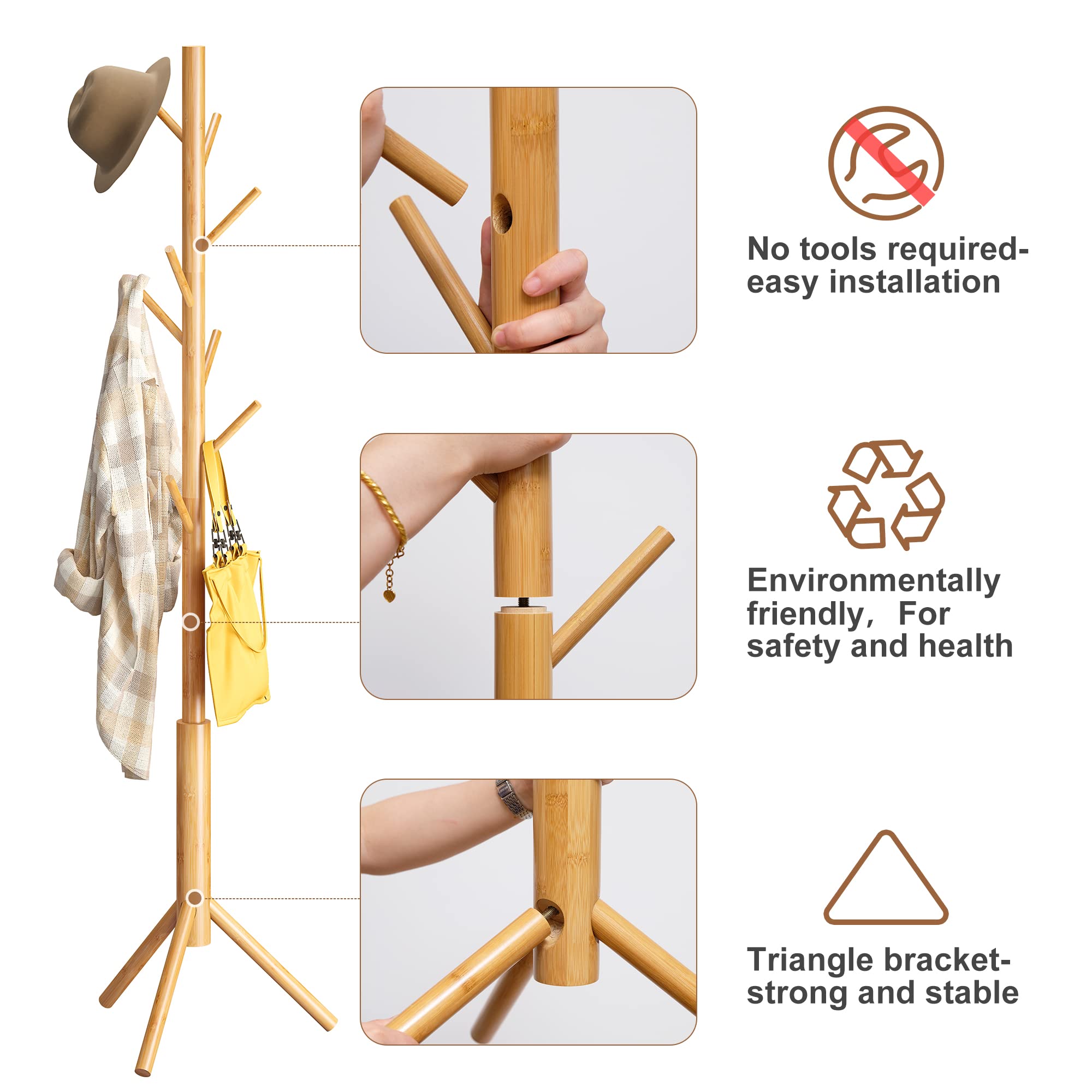 FILWH Bamboo Coat Rack Freestanding Adjustable Coat Tree with 3 Sections & 8 Hooks Easy to Assemble Coat Hanger Stand for Bedroom Office Hallway Entryway Bedroom Coat Rack(Natural)