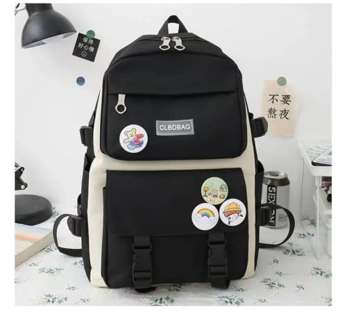 Teslawi kawaii backpack 4Pcs Set Aesthetic backpack 17in backpack,with Kawaii Pendants,Crossbody Bag ,Pencil Case, Handbag (Black)
