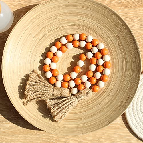 Meplait Wood Bead Garland,39in Farmhouse Beads with Tassels Boho Beads for Tiered Tray Decorative Beads Home Decor(Orange & Natural)