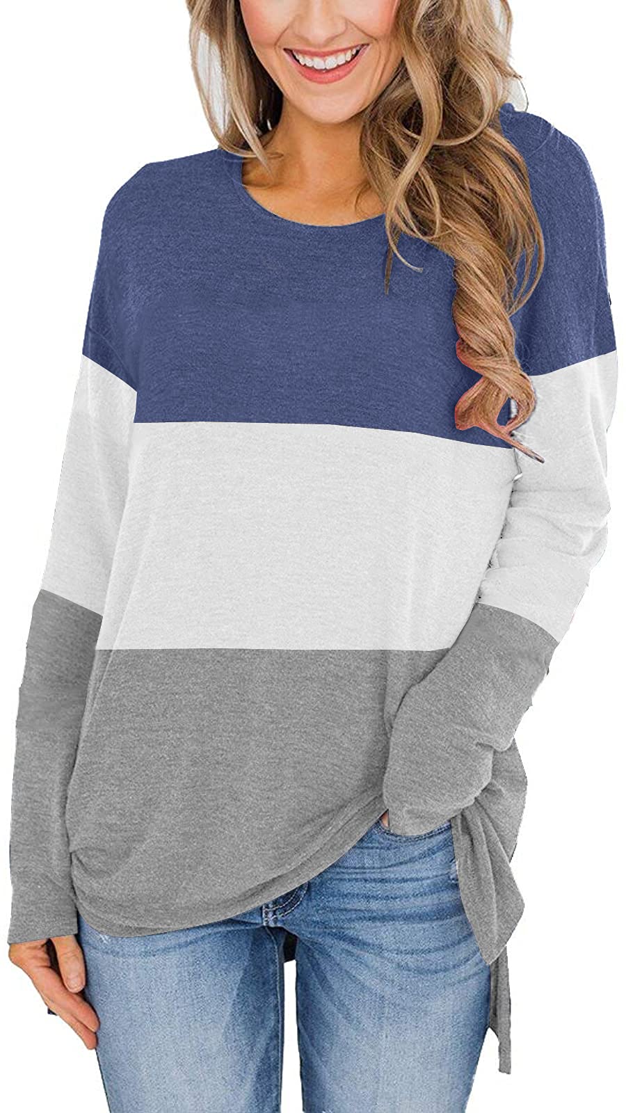 ETCYY NEW Womens Long Sleeve Tops Basic Fall Clothes Color Block Shirts Side Split T-Shirt A-blue
