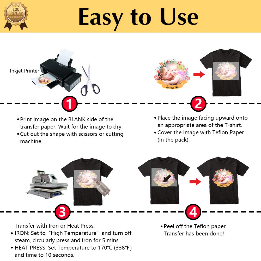 TransOurDream Tru-Heat Transfer Paper for Inkjet Printer (10 Sheets, 8.5x11") Printable Heat Transfer Vinyl for T Shirts Iron on Transfers for Dark Fabrics