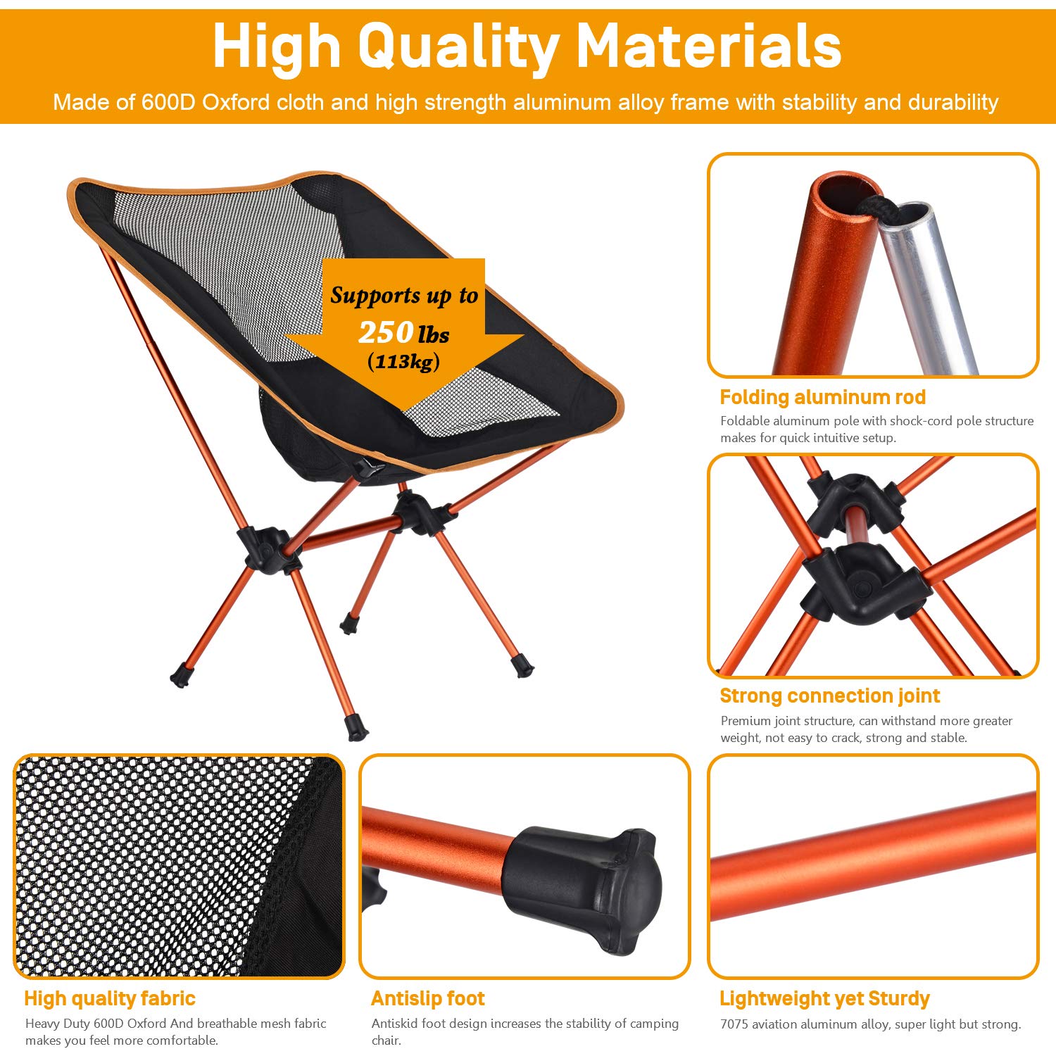 Esup Camping Chair, Ultralight Portable Compact Folding Beach Chairs with Carry Bag for Outdoor Camping, Backpacking, Hiking (Orange 1 Pack)