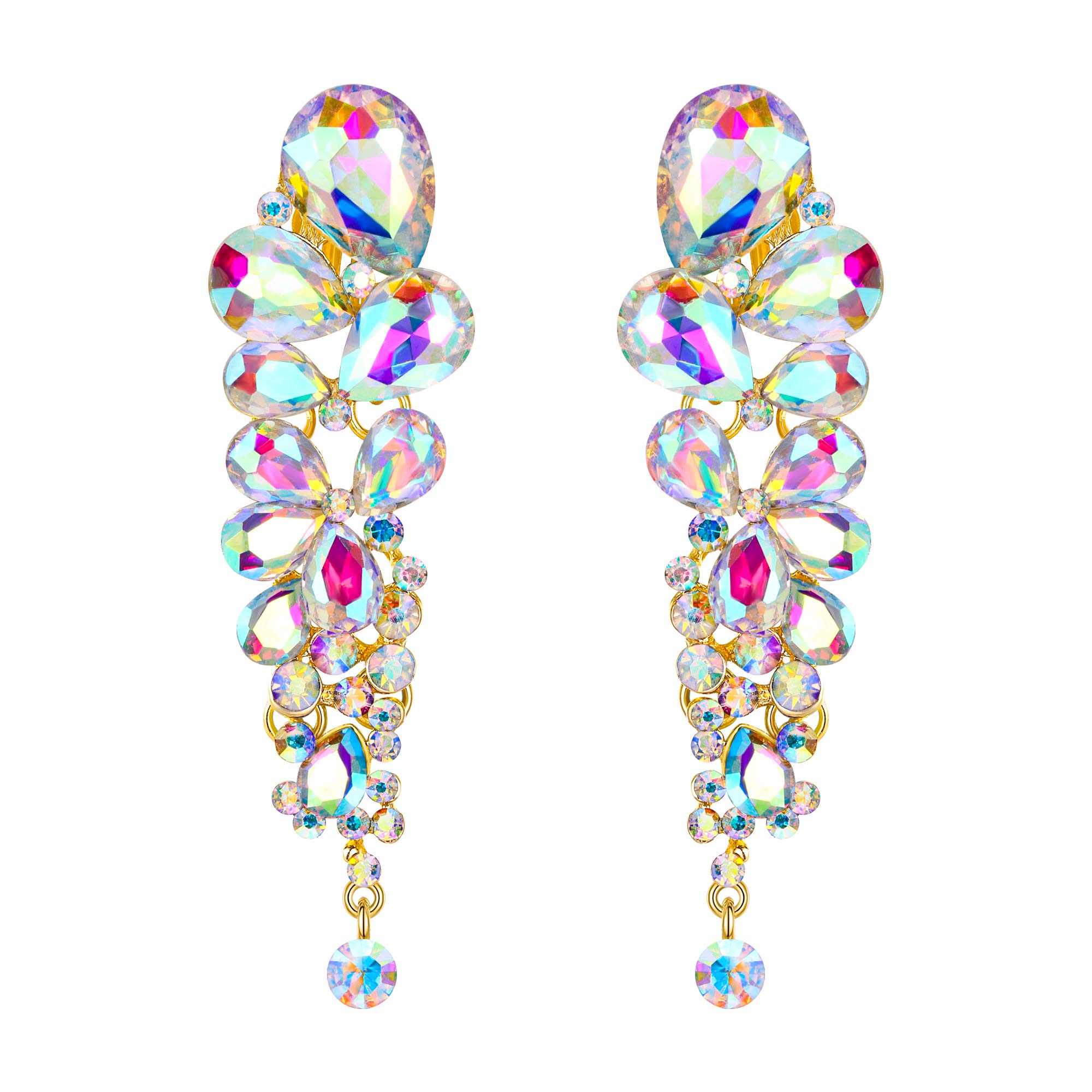 EVER FAITH Women's Austrian Crystal Tear Drop Clip-on Dangle Earrings Iridescent Clear AB Gold-Tone