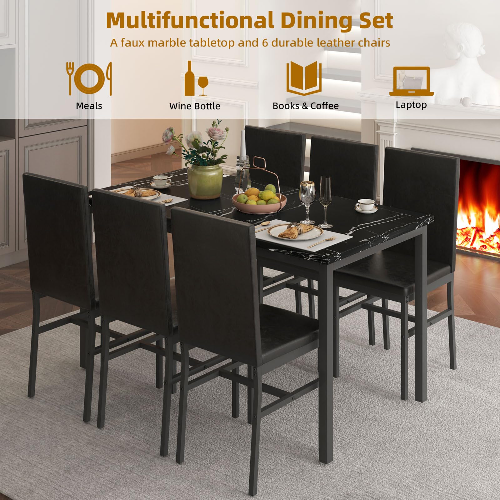 Dining Table Set for 6, Kitchen Table with 6 Chairs,Faux Marble Tabletop & 6 Leather Upholstered Chairs for Dining Room,Kitchen, Dinette, Breakfast Nook(Black)