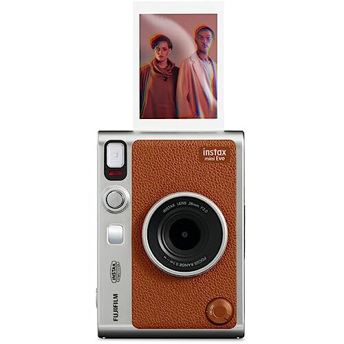 FUJIFILM INSTAX Mini EVO Hybrid Instant Camera | Brown Bundle with Fujifilm Instax Mini Instant Film | 60 Exposures + Microfiber Cleaning Cloth + Mini Teachers Accessories Bundle (4 Items)