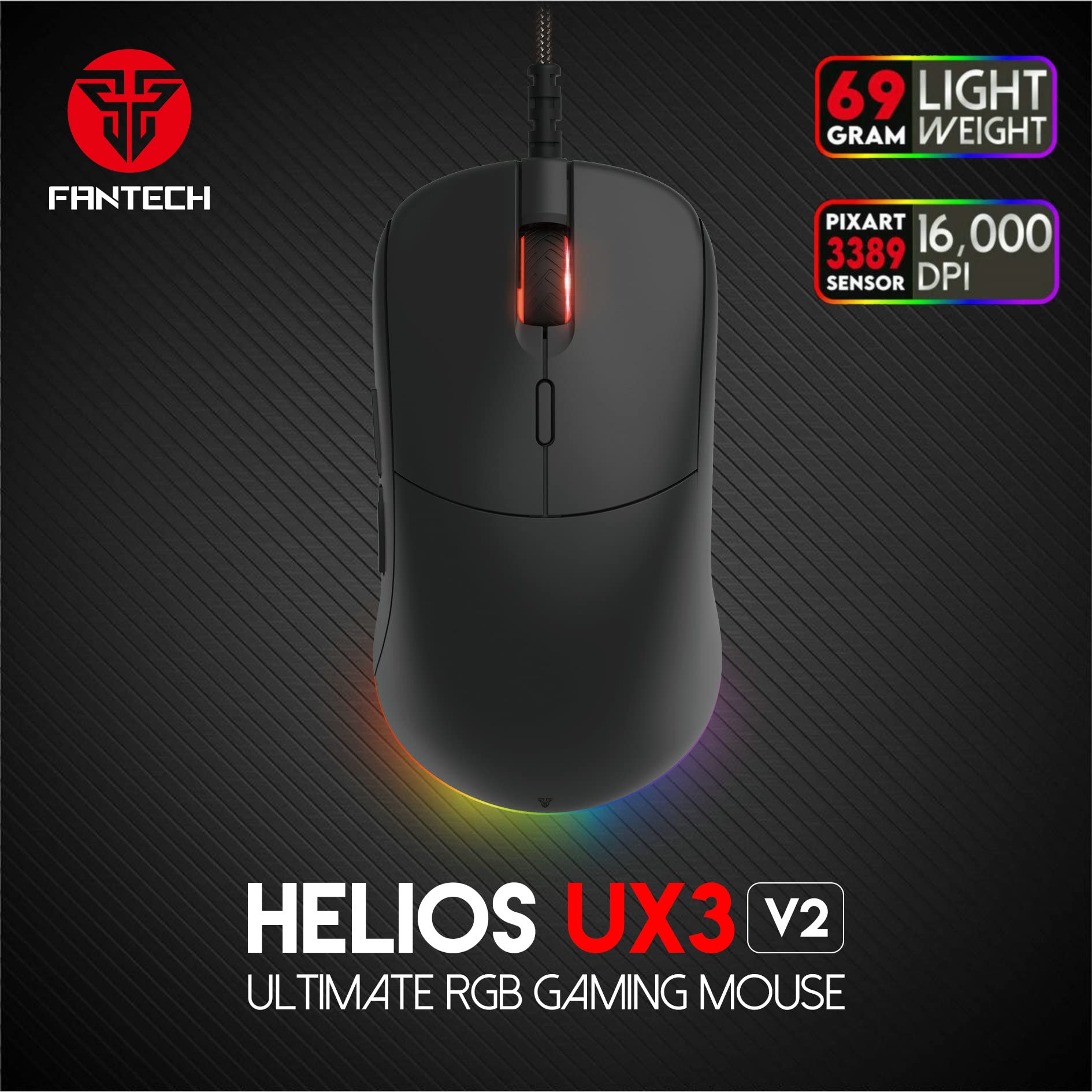 FANTECH Helios UX3V2 Symmetrical RGB Gaming Mouse, PixArt 3389 16,000 DPI Kailh Switches 6 Programmable Buttons Professional Grade Small Size Mouse, Light Weight Mouse, Matte Black