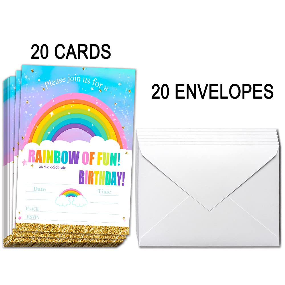 ukebobo Rainbow Birthday Party Invitations with Envelopes – Birthday Party Invitations, Rainbow Party Decorations– 20 Cards With Envelopes(c02)