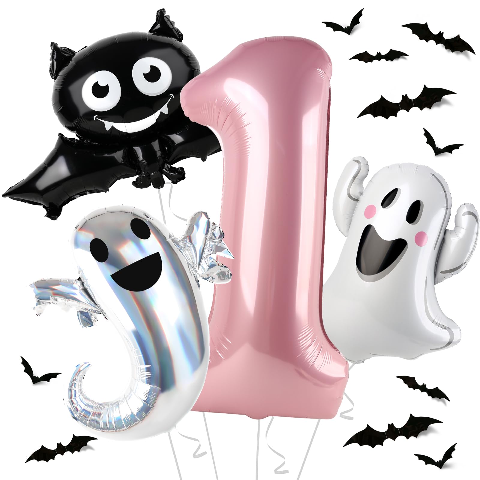 Dripykiaa 16Pcs Spooky One Balloon Set 40" Pink One Year Old Balloon Bouquet for First Birthday Bat Ghost Foil Helium Balloons Birthday Helloween Party Decorations Party Supplies Backdrops for Girl