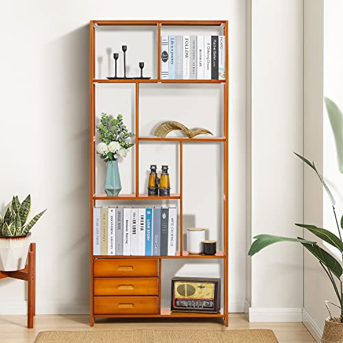 MoNiBloom 4 Tier Bookcase with 3 Drawers, Bamboo Freestanding Ventilated Display Shelf Storage Organizer Cabinet for Bedroom Living Room Office Décor, Brown